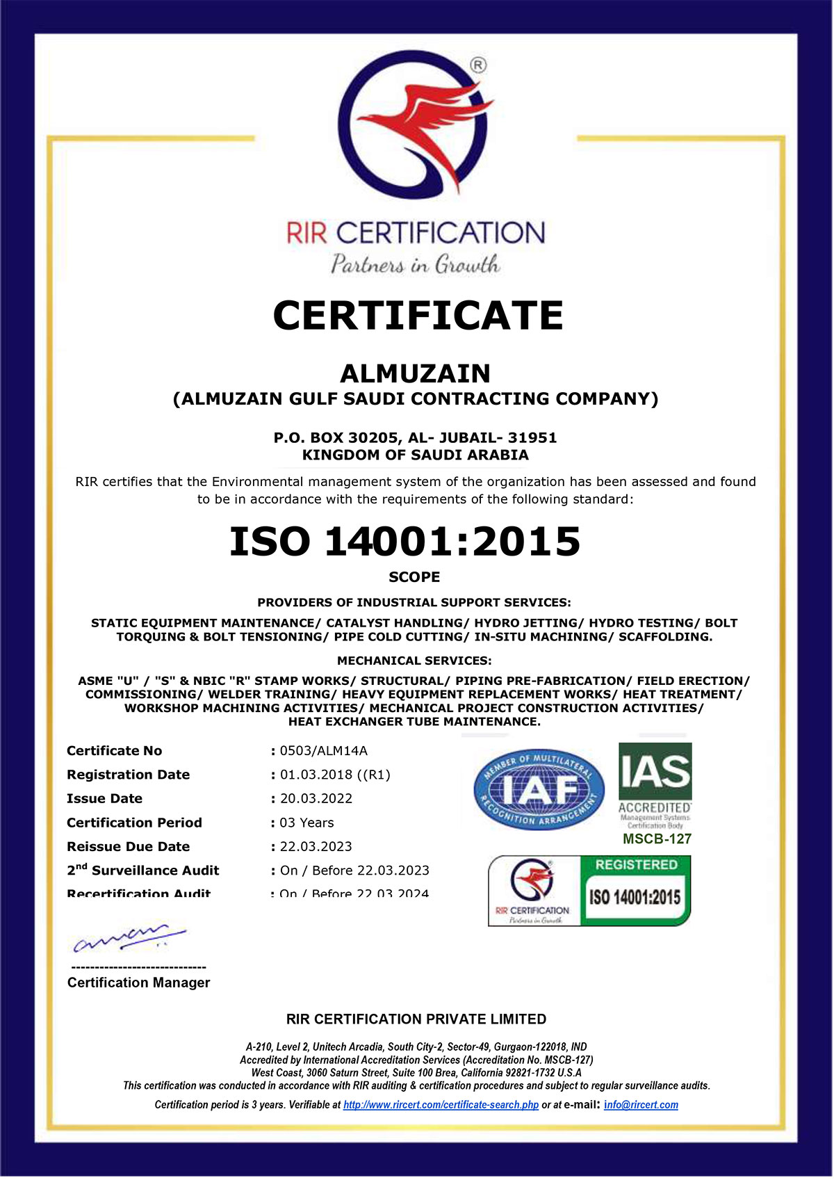 Certificates & Accreditations | Almuzain | Your Trusted Partner in Projects